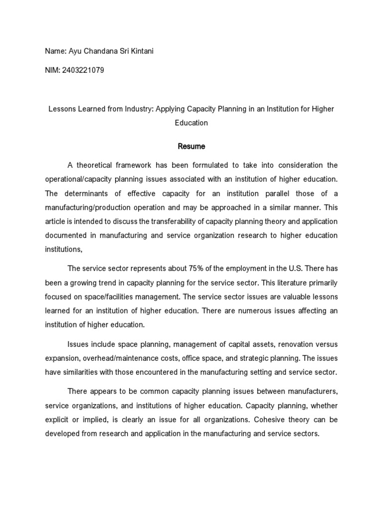 Resume Lessons Learned From Industri Applying Capacity Planning in An ...