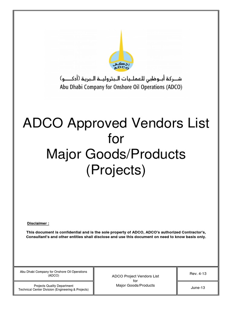 ADCO Approved Vendors List - Rev 4-13 | PDF | Pipe (Fluid Conveyance ...