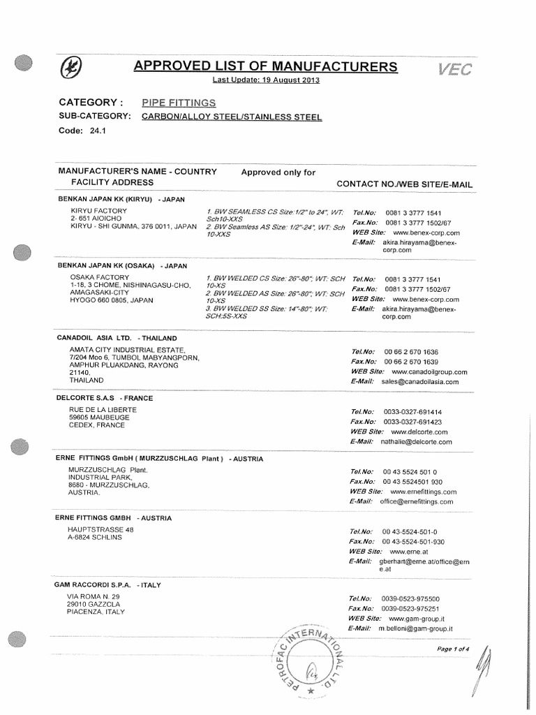 Approved List of Manufacturers For Fittings-KOC | Download Free PDF ...