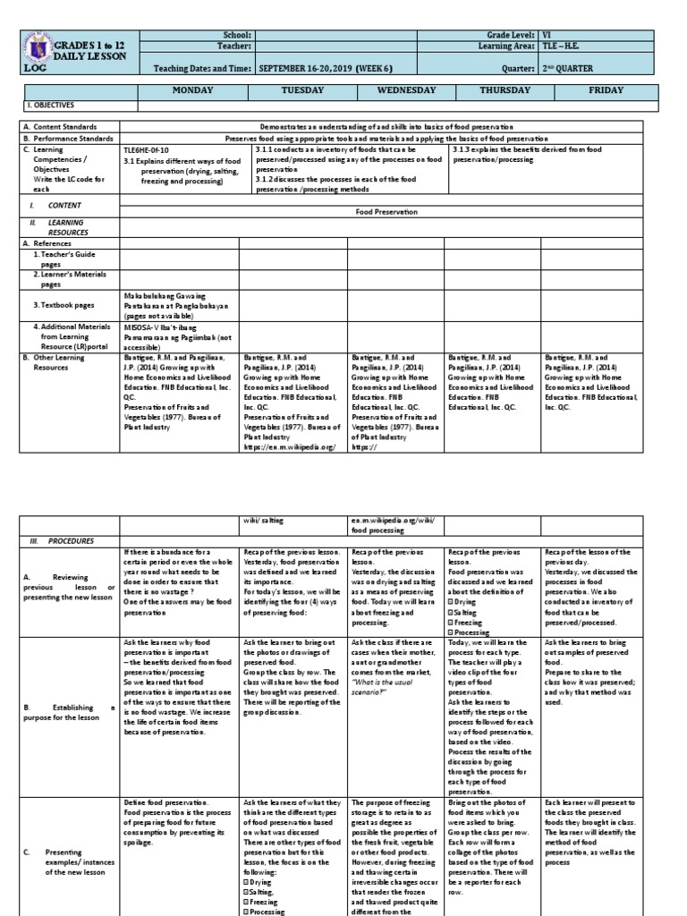 DLL - Tle-He 6 - Q2 - W6 | PDF | Food Preservation | Foods
