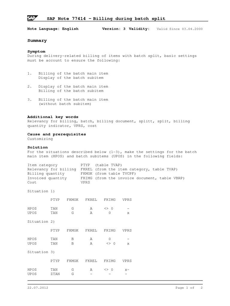 Sapnote 0000077414 Billing During Batch Split Pdf