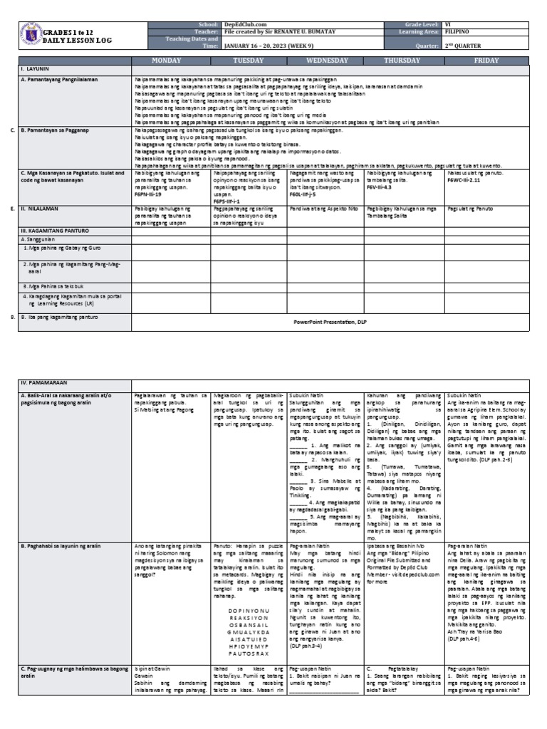 Analyzing a Sixth Grade Filipino Lesson Plan: Assessing Learning ...
