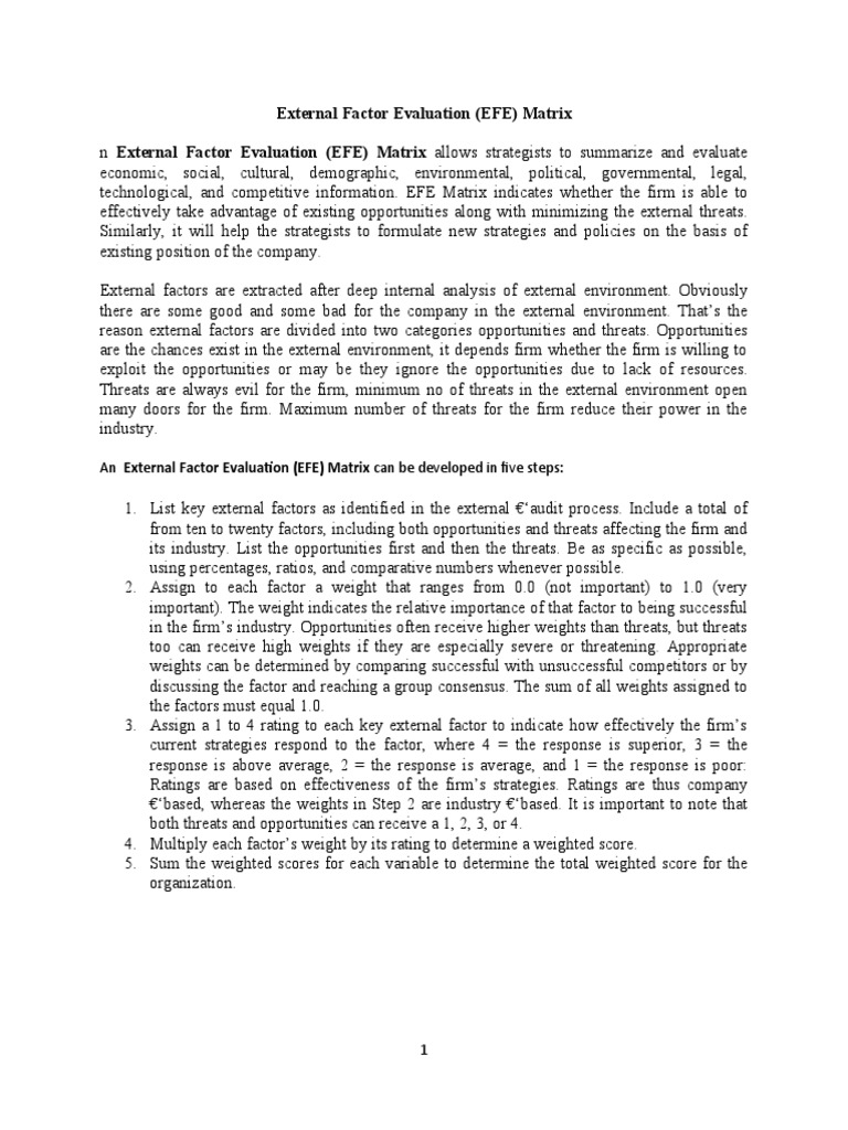 External Factor Evaluation | PDF | Weighted Arithmetic Mean | Evaluation