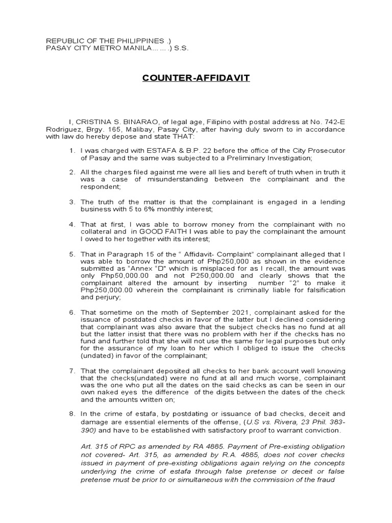 Estafa bp22 - Counter Affidavit | PDF | Fraud | Common Law