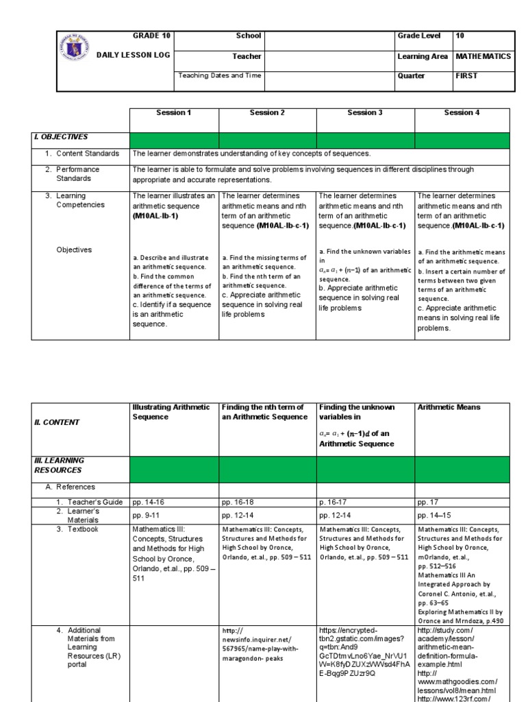 Grade 10 Daily Lesson Log School Grade Level 10 Teacher Learning Area ...
