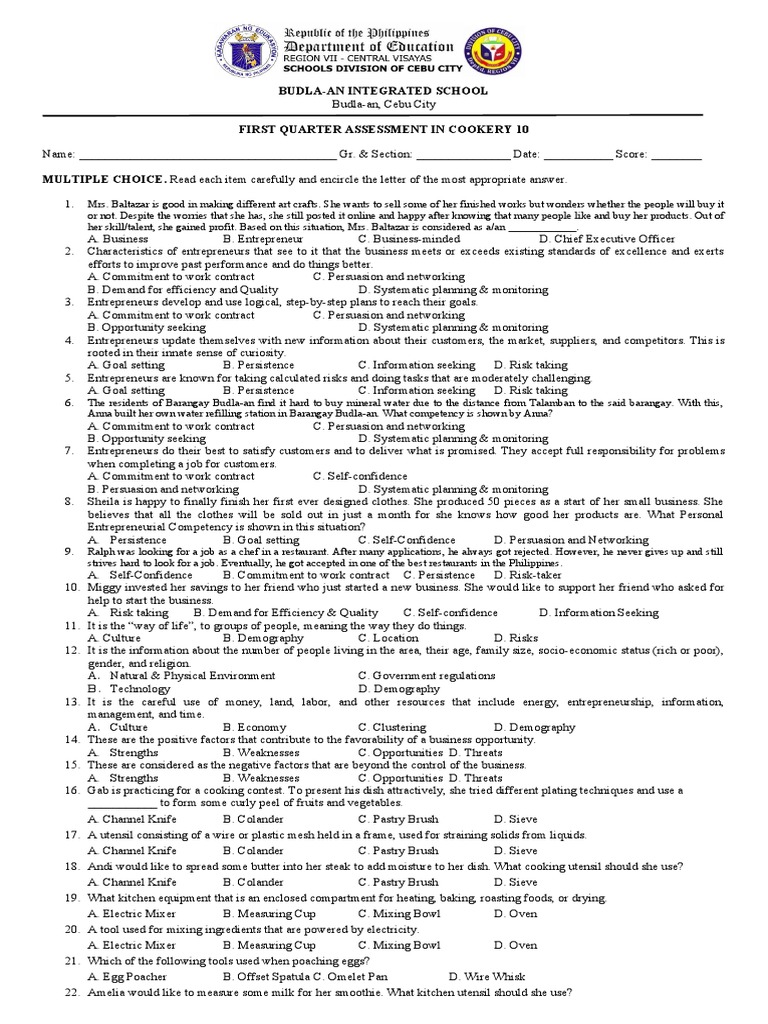 1st Quarter Assessment in Cookery 10 | PDF | Kitchen Utensil ...