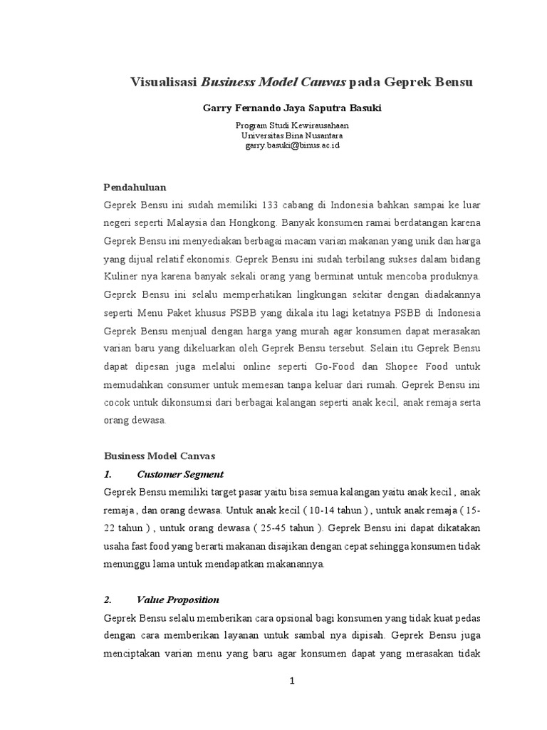 Garry Fernando Jaya Saputra Basuki - Visualisasi Business Model Canvas Pada Geprek Bensu | PDF ...