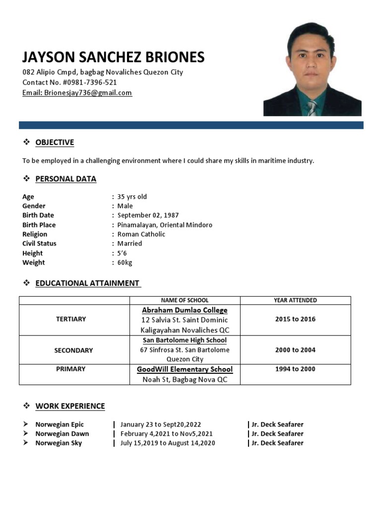 Briones - Resume Edited | PDF | Sailor | Shipping