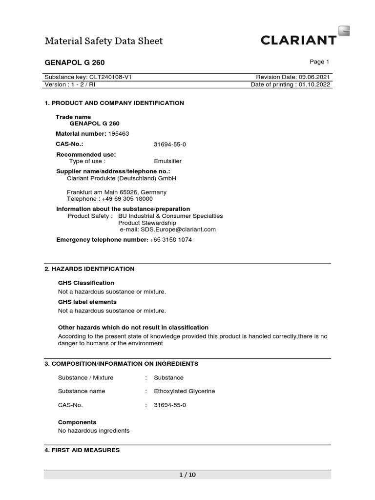 Clariant SDS GENAPOL G 260 Indonesia English | PDF | Toxicity ...