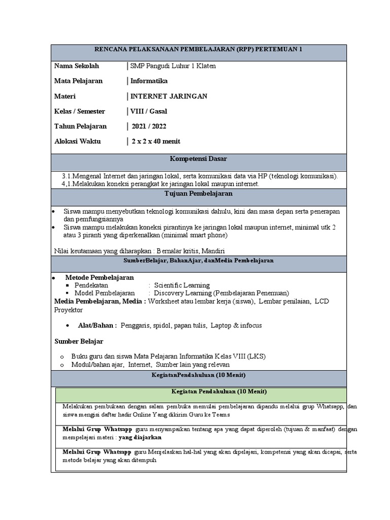 RPP Informatika Kelas VIII | PDF