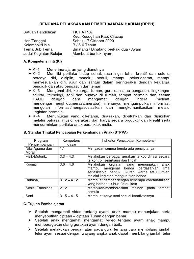 Rencana Pelaksanaan Pembelajaran Harian (RPPH) : A. Kompetensi Inti (KI) | PDF