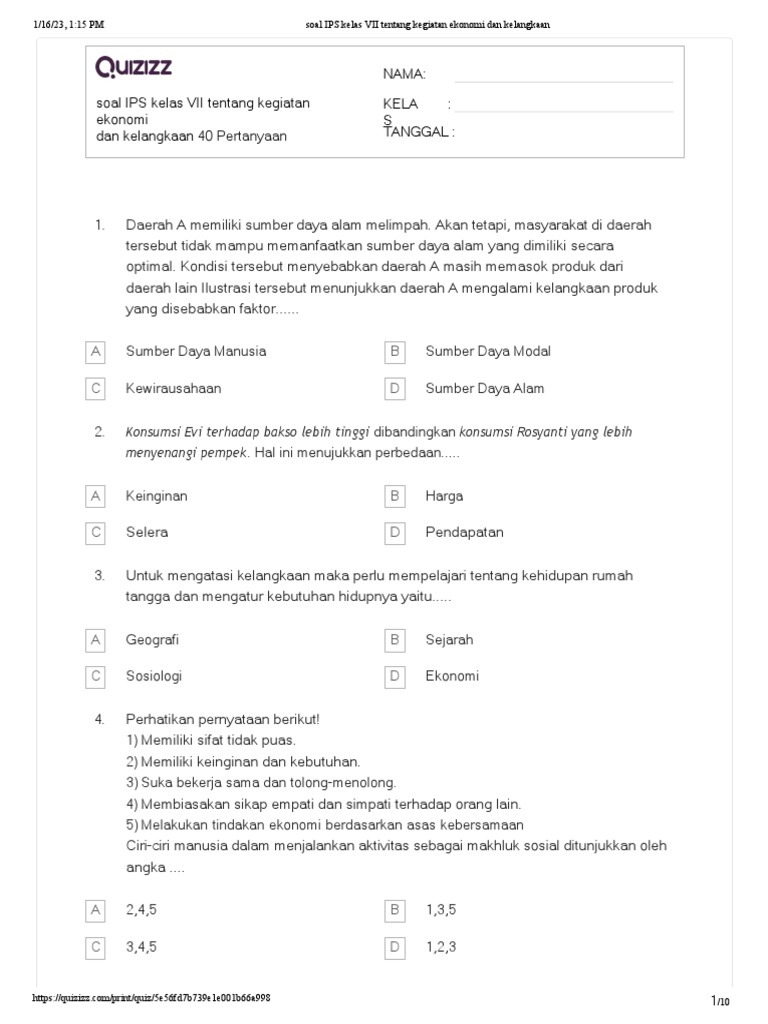 Soal IPS Kelas VII Tentang Kegiatan Ekonomi Dan Kelangkaan | PDF