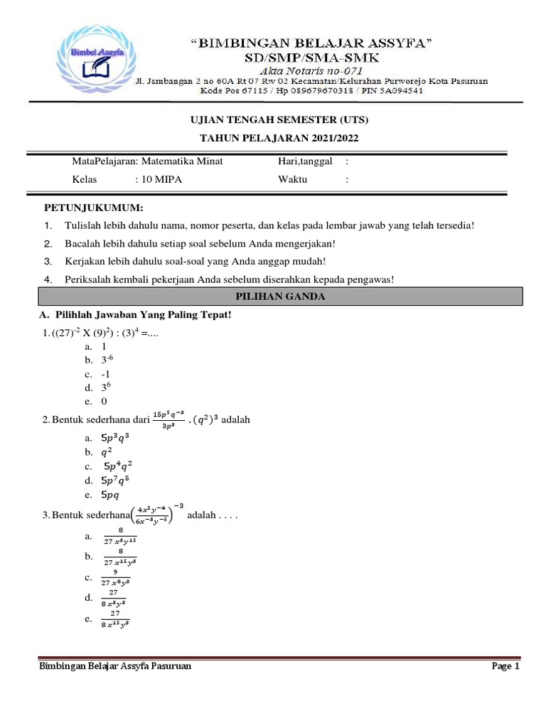 Latihan Soal Dan Pembahasan UTS Matemati | PDF | Metode & Bahan Ajar