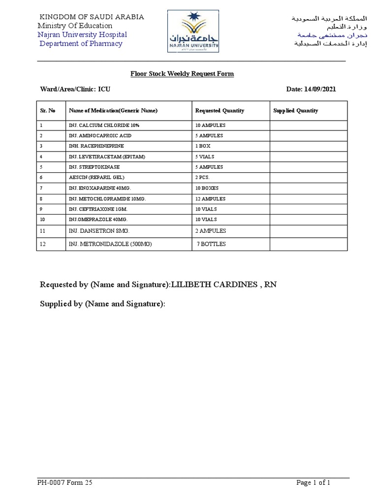 Pharmacy WEEKLY Request Floorstock Form | PDF | Therapy | Medicine
