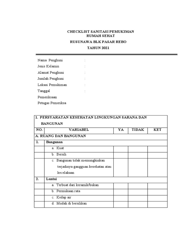 Checklist Sanitasi Pemukiman Rumah Sehat | PDF
