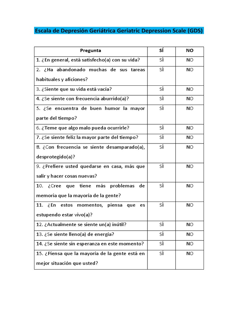 Escala de Depresión Geriátrica Geriatric Depression Scale (GDS) | PDF ...