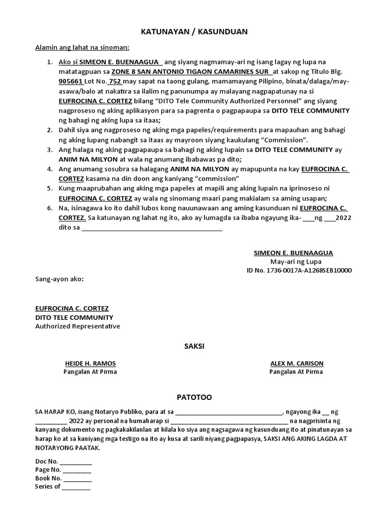 Katunayan Kasunduan 1 Final | PDF