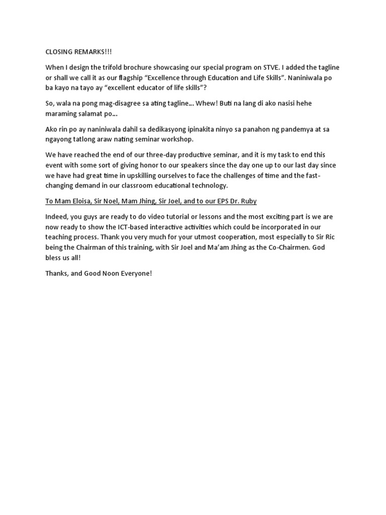 CLOSING REMARKS Training | PDF