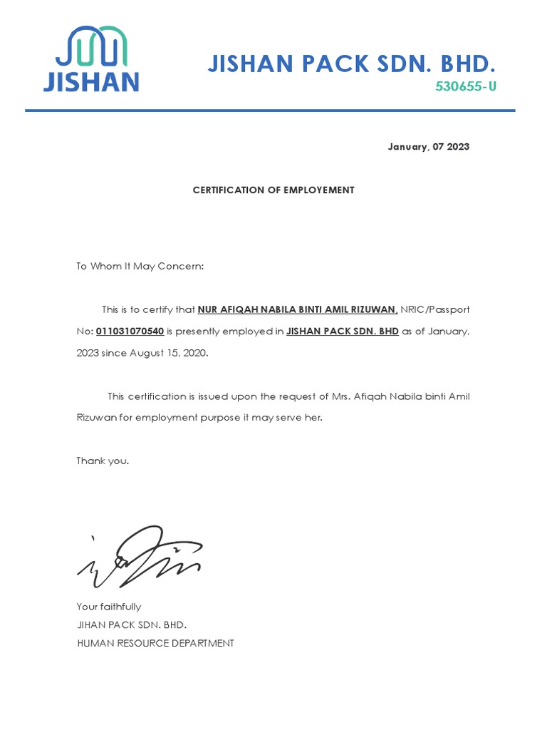 HR Certification Letter - Nur Afiqah Nabila Binti Amil Rizuwan | PDF
