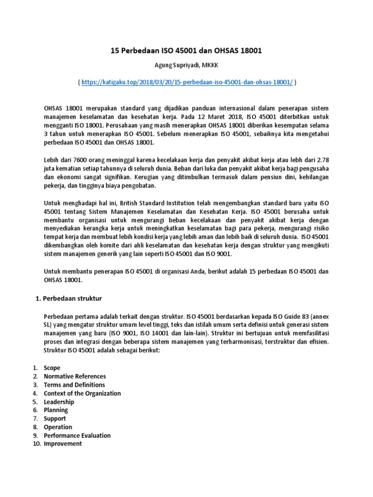 15 Perbedaan ISO 45001 Dan OHSAS 18001 | PDF
