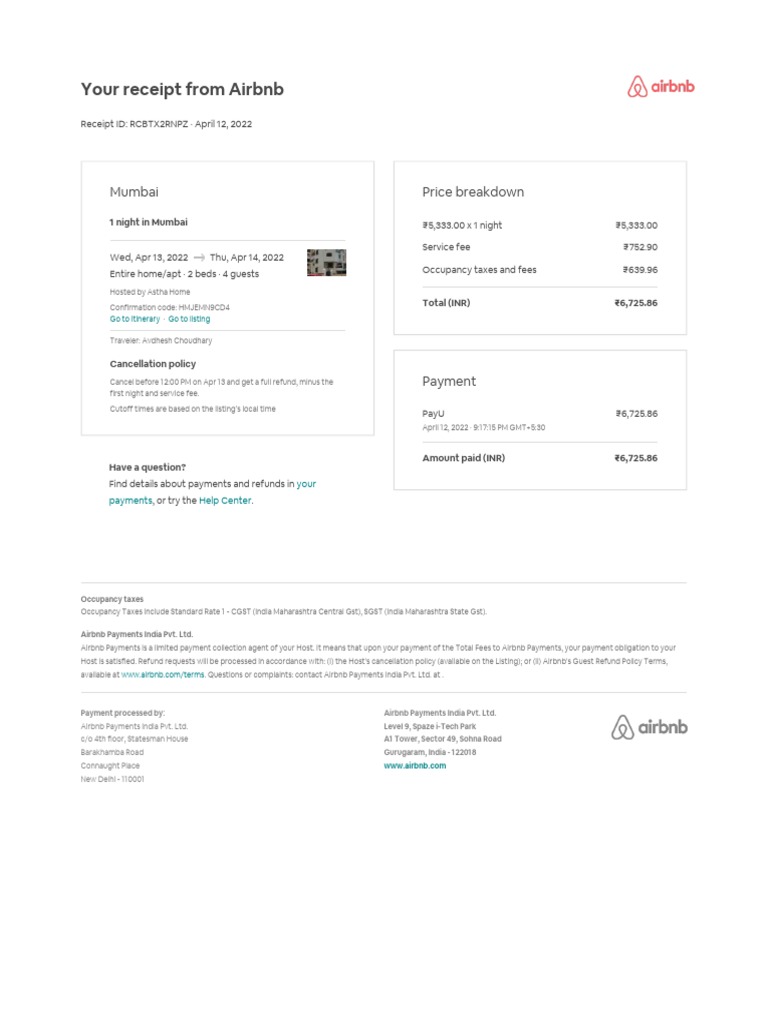Airbnb Travel Receipt RCBTX2RNPZ | PDF | Airbnb | Economies