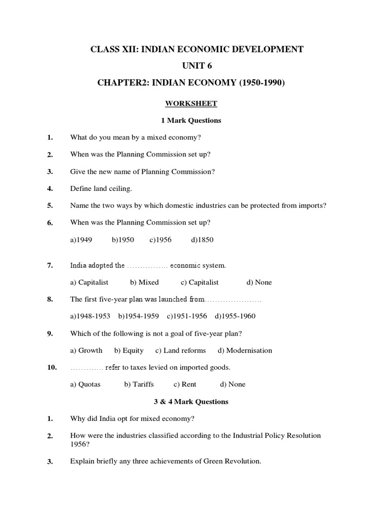 Worksheet On Indian Economy (1950 - 1990) | PDF