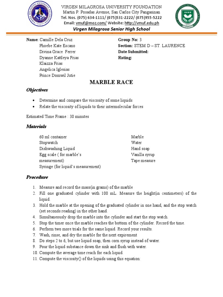 Determining Viscosity Through Marble Drop Experiments | PDF | Viscosity ...