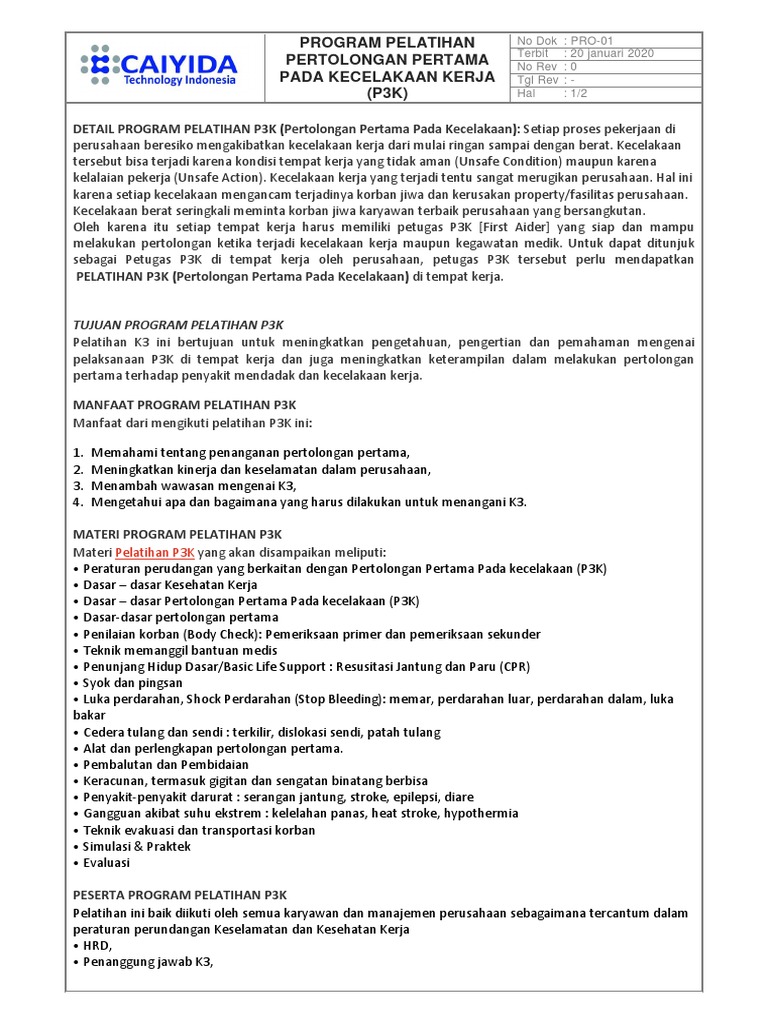 Program Pelatihan Pertolongan Pertama Pertama Pada Kecelakaan Kerja (P3K) | PDF