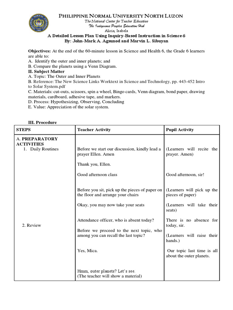 A Detailed Lesson Plan Using Inquiry Based in Science and Health 6 | PDF | Planets | Solar System