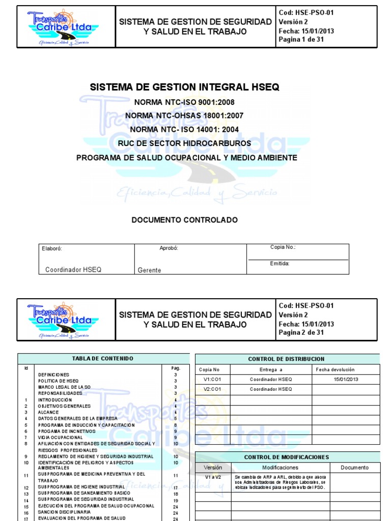 HSE-PSO-01 Programa de Salud Ocupacional (V2) | PDF | Seguridad y salud ocupacional | Riesgo