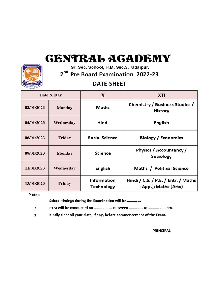 2nd Pre Board Date Sheet 2022-23 | PDF