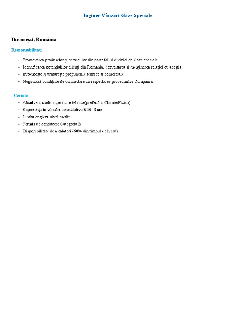 Job Profile Inginer Vanzari | PDF