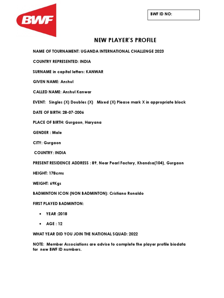 BWF - Form - NEW Player Profile | PDF