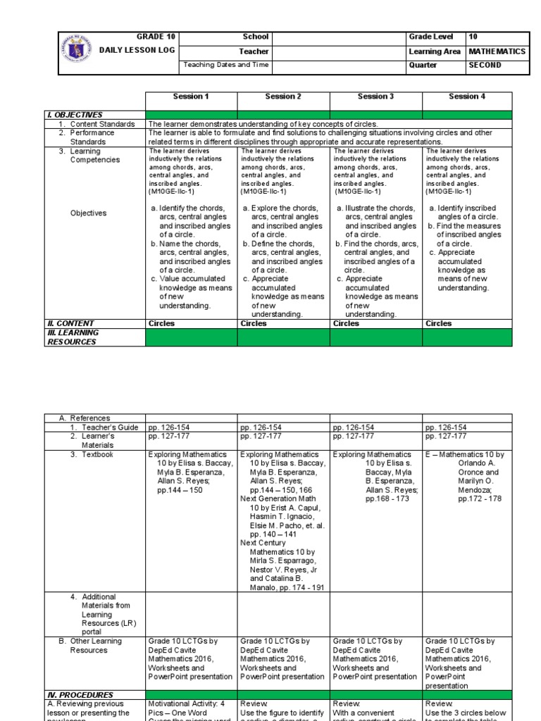 Grade 10 Daily Lesson Log School Grade Level 10 Teacher Learning Area ...