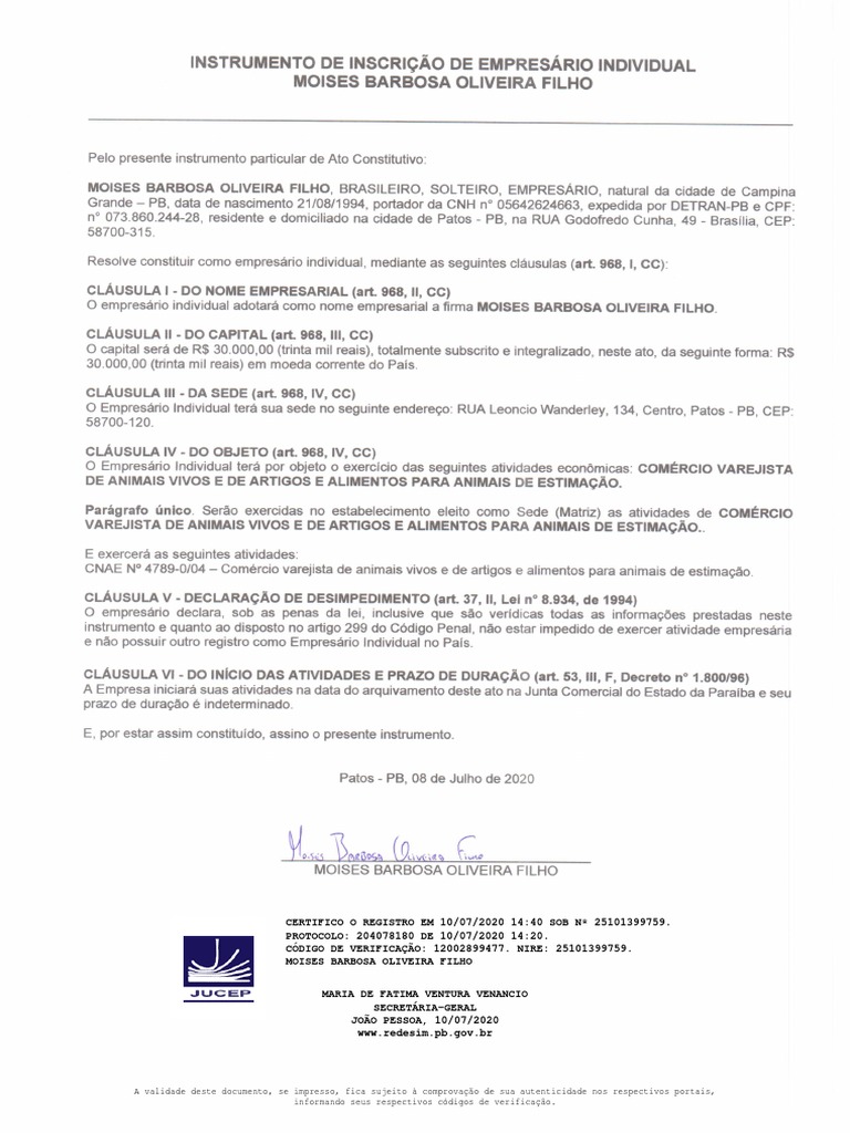 Instrumento De Inscrição De Empresário Individual Pdf