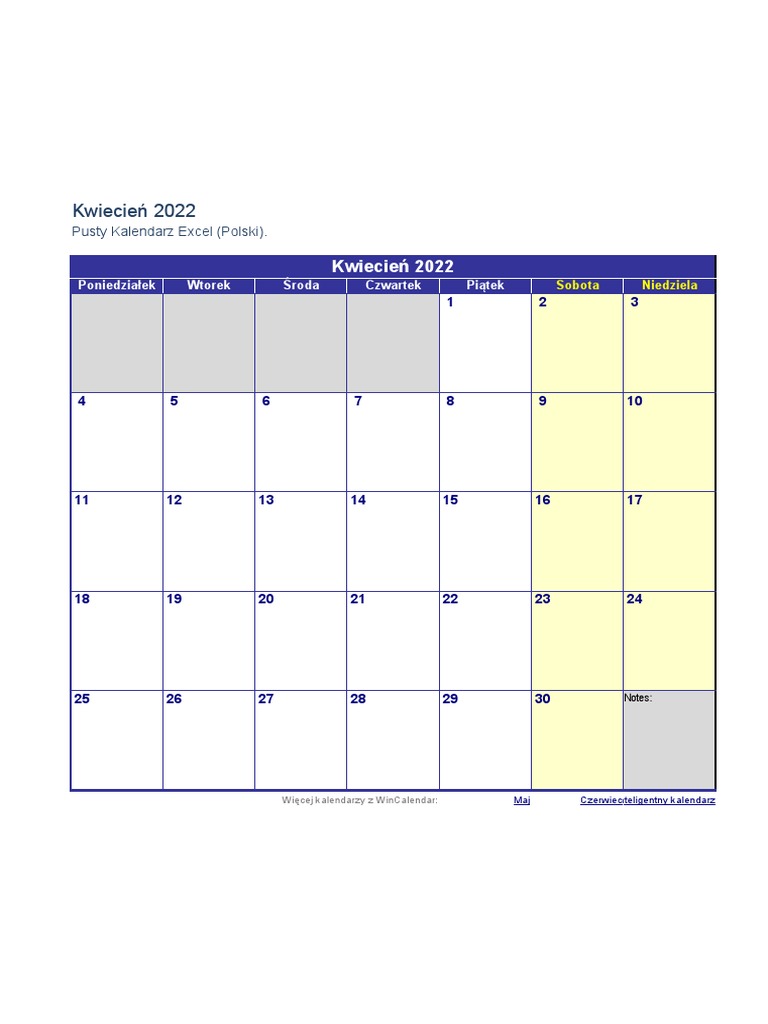 Pusty Kalendarz Excel (Polski) Kwiecien | PDF