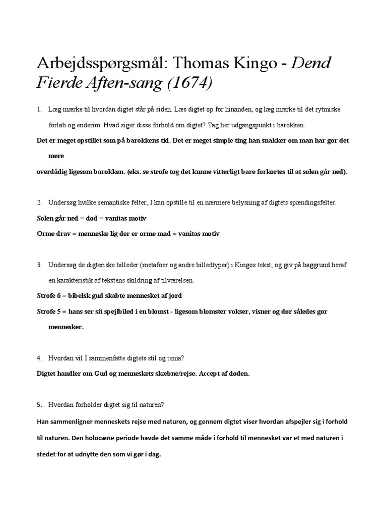 Arbejdsspørgsmål - Thomas Kingo Dend Fierde Aftensang | PDF