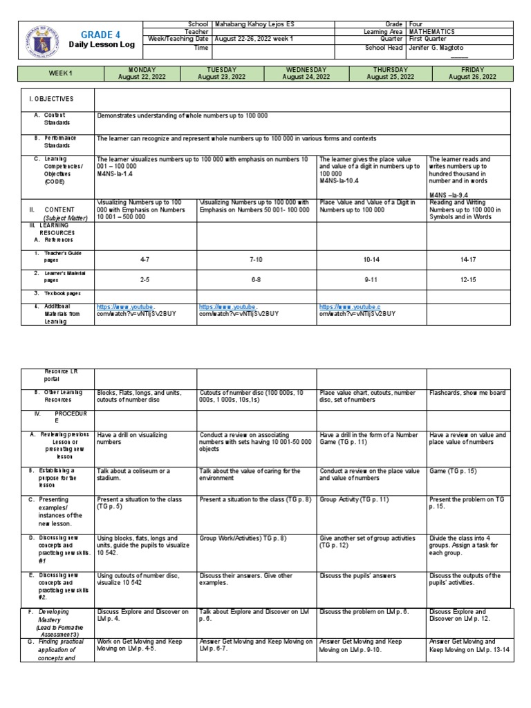 GRADE-4 DLL - Q1 Week 1 | PDF