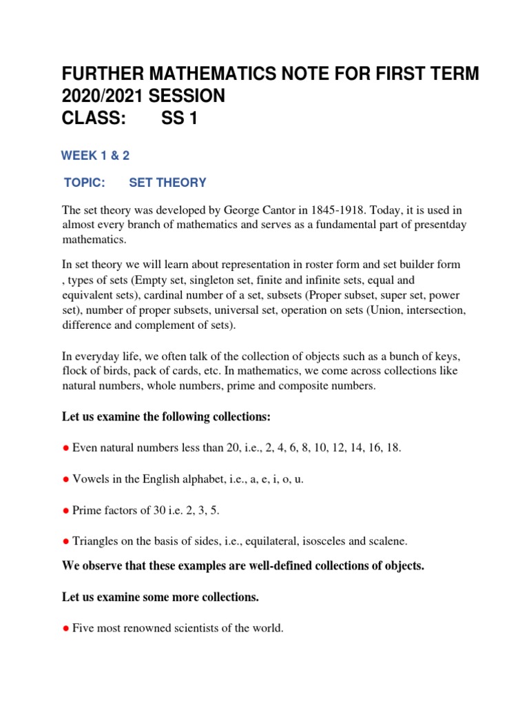 SS 1 Further Mathematics Note For First Term 2020 | Download Free PDF ...