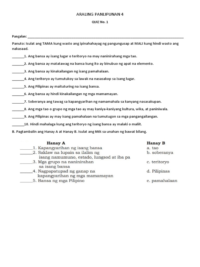Araling Panlipunan 4 Quiz No. 1-8 | PDF