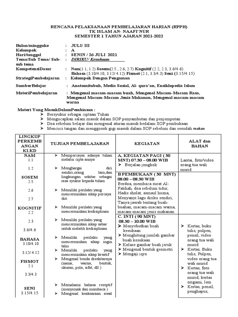 RPPH Tema Diriku - Kesukaan Minggu Iii | PDF