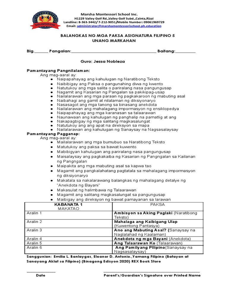 Balangkas NG Mga Paksa Asignatura Filipino 5 | PDF
