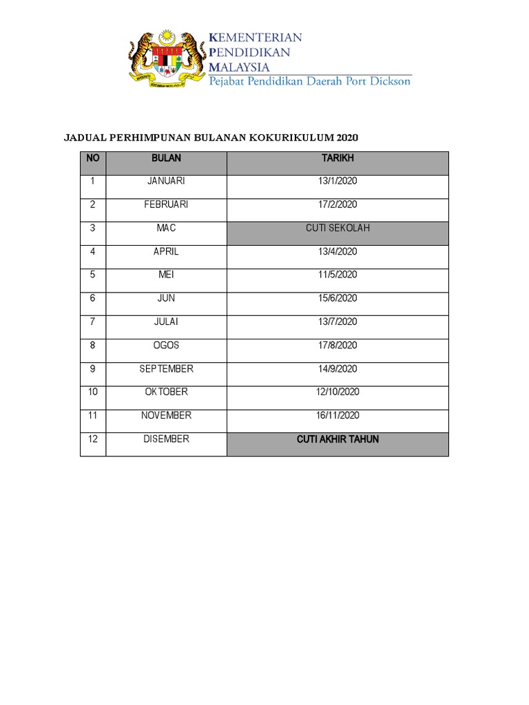 Jadual Perhimpunan Bulanan Kokurikulum | PDF