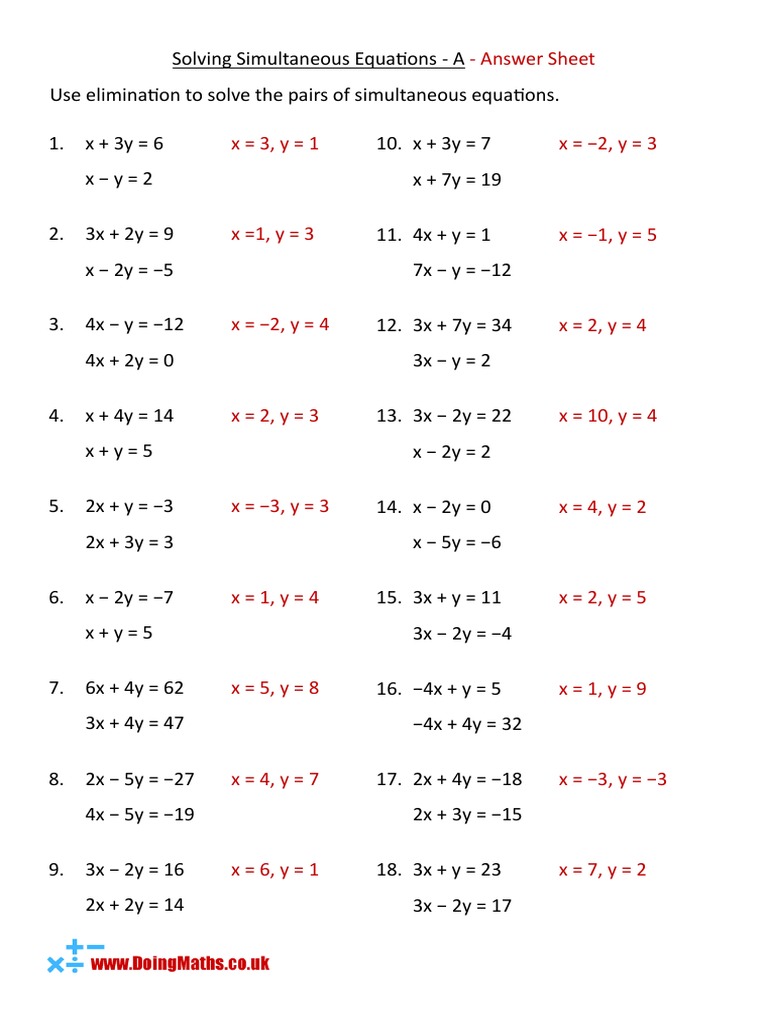 Solving Simultaneous Equations A Answer Sheet | PDF