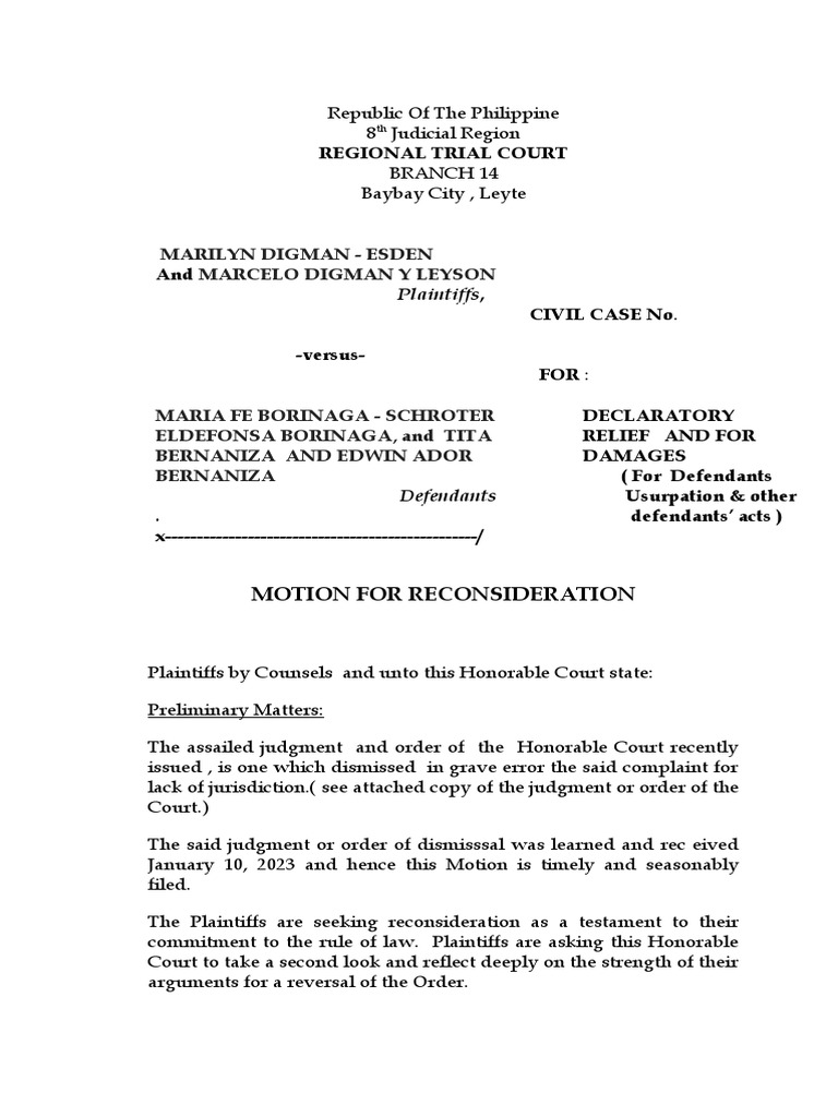 Motion For Reconsideration M. Eden Case Edited | PDF | Complaint | Declaratory Judgment