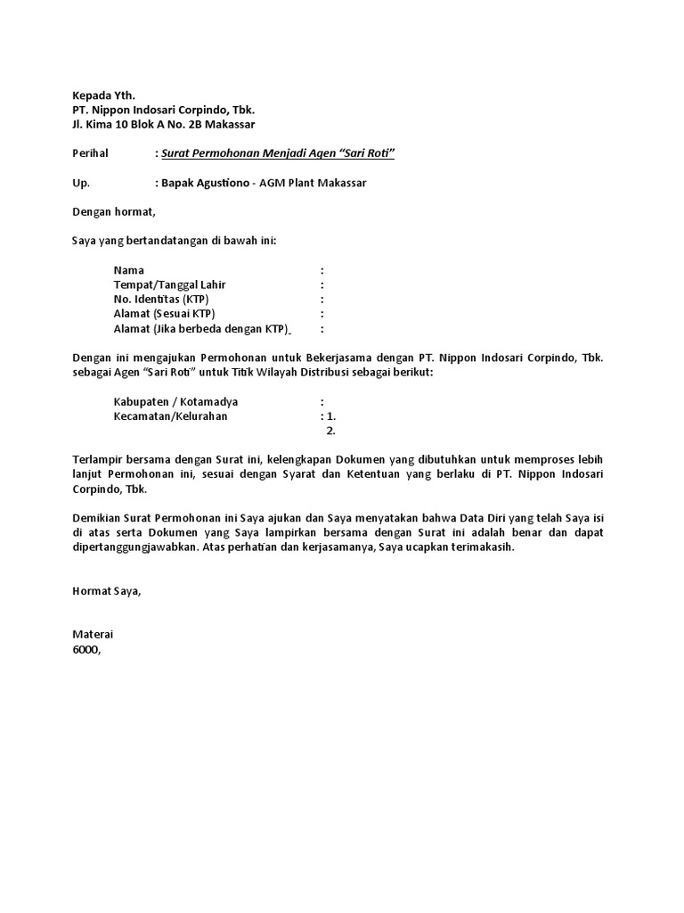 Surat Permohonan Menjadi Agen | PDF