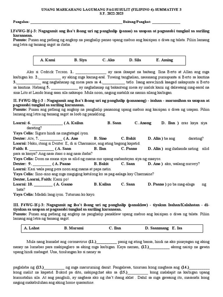 Filipino 4-Summative Test 3 Sy 2022-2023 | PDF