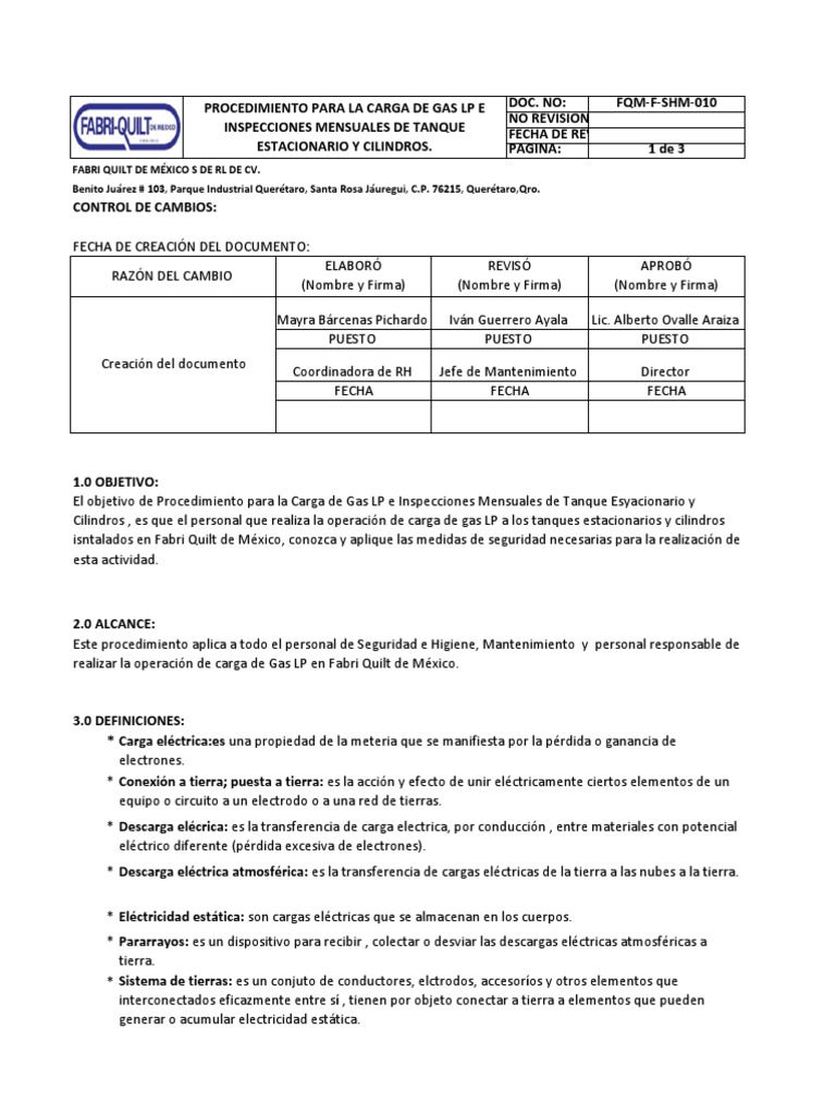 Formato de Procedimiento para Carga de Gas LP 2022 | PDF | Ingenieria Eléctrica | Electricidad