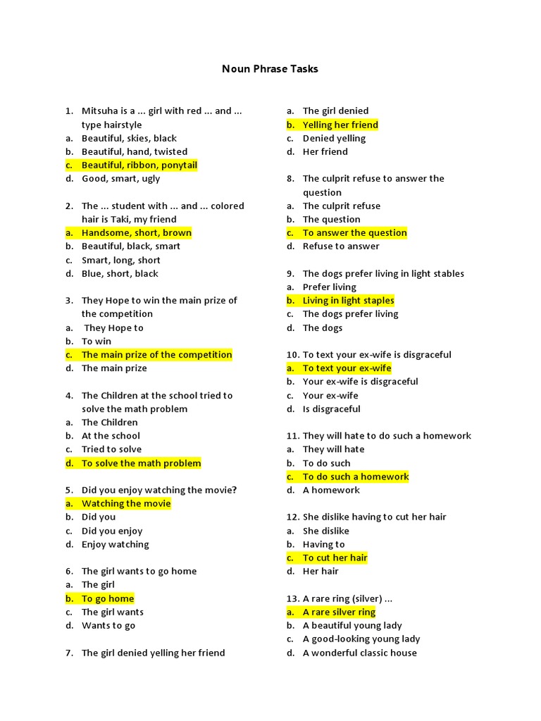 Noun Phrase Tasks | PDF | Human Hair | Hair