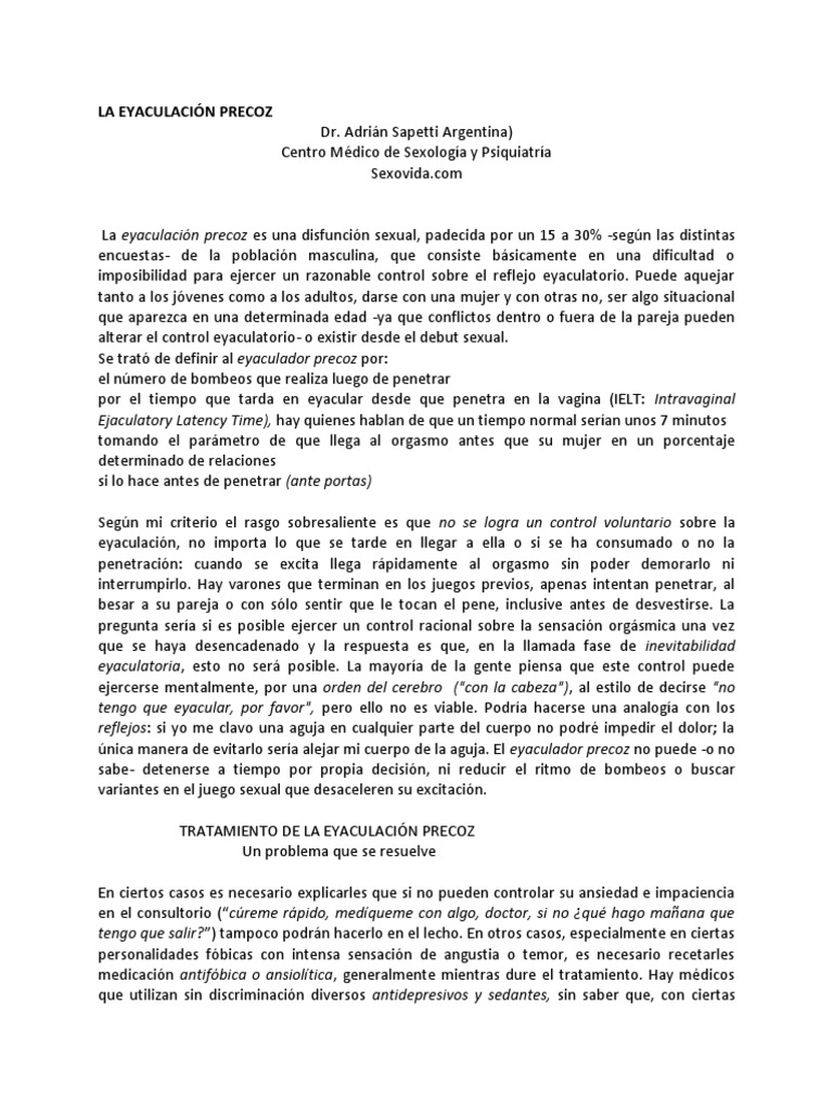 Diagnostico y Tratamiento de La Eyaculación Precoz. Sapetti | PDF ...
